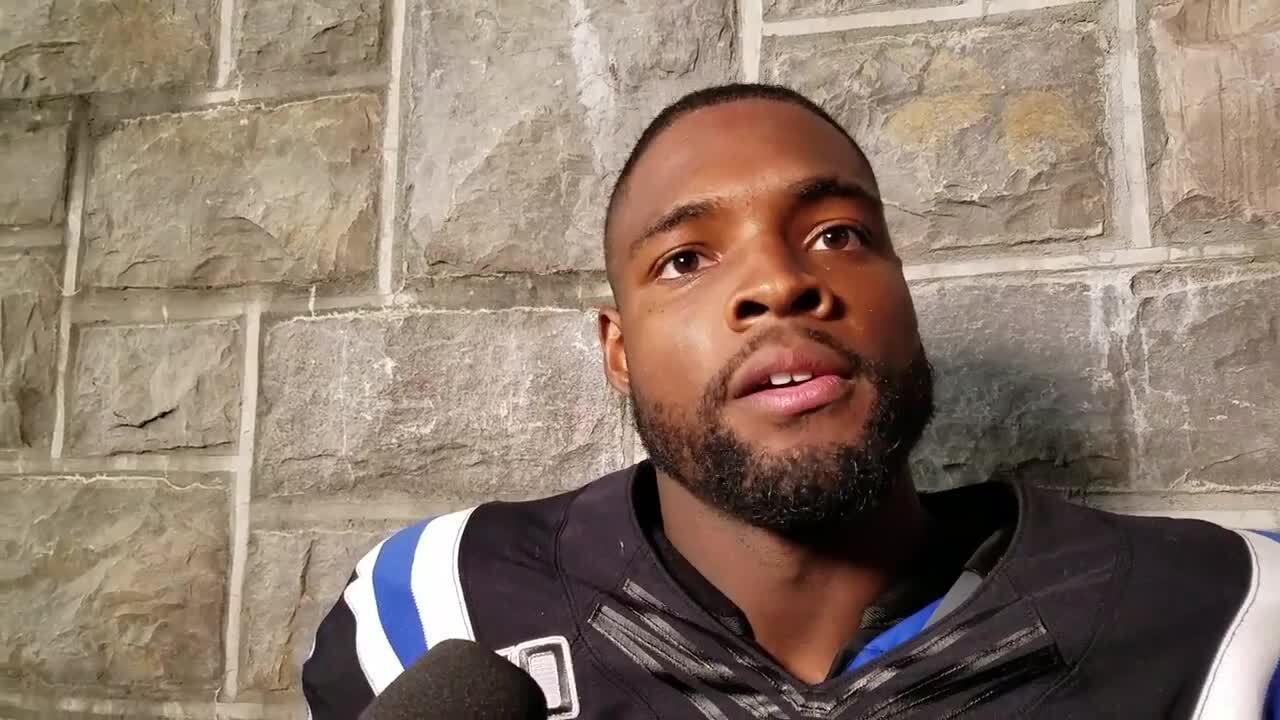 Duke Blue Devils quarterback Quentin Harris talks after a 45-10 win at ...