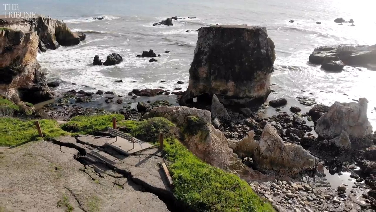 See drone video of the collapsing cliff and bench in Shell Beach | San ...