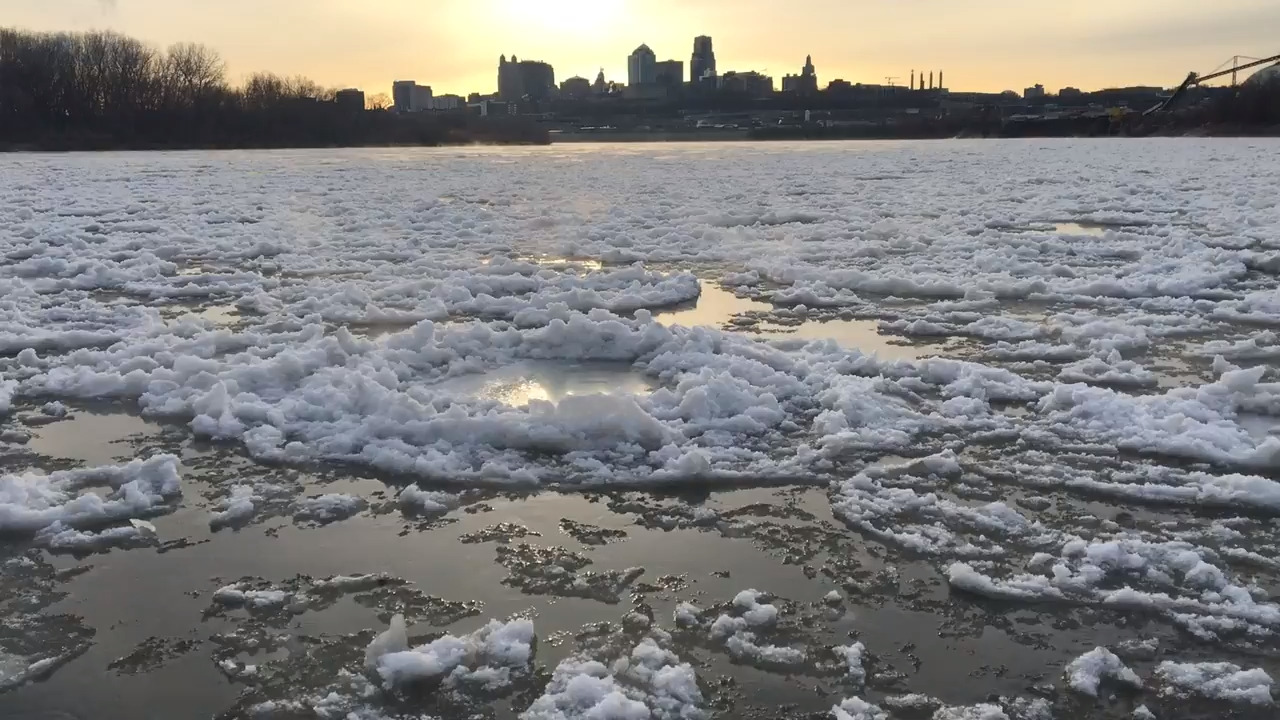 Drone flight shows ice flows on the Missouri River in sub-zero ...
