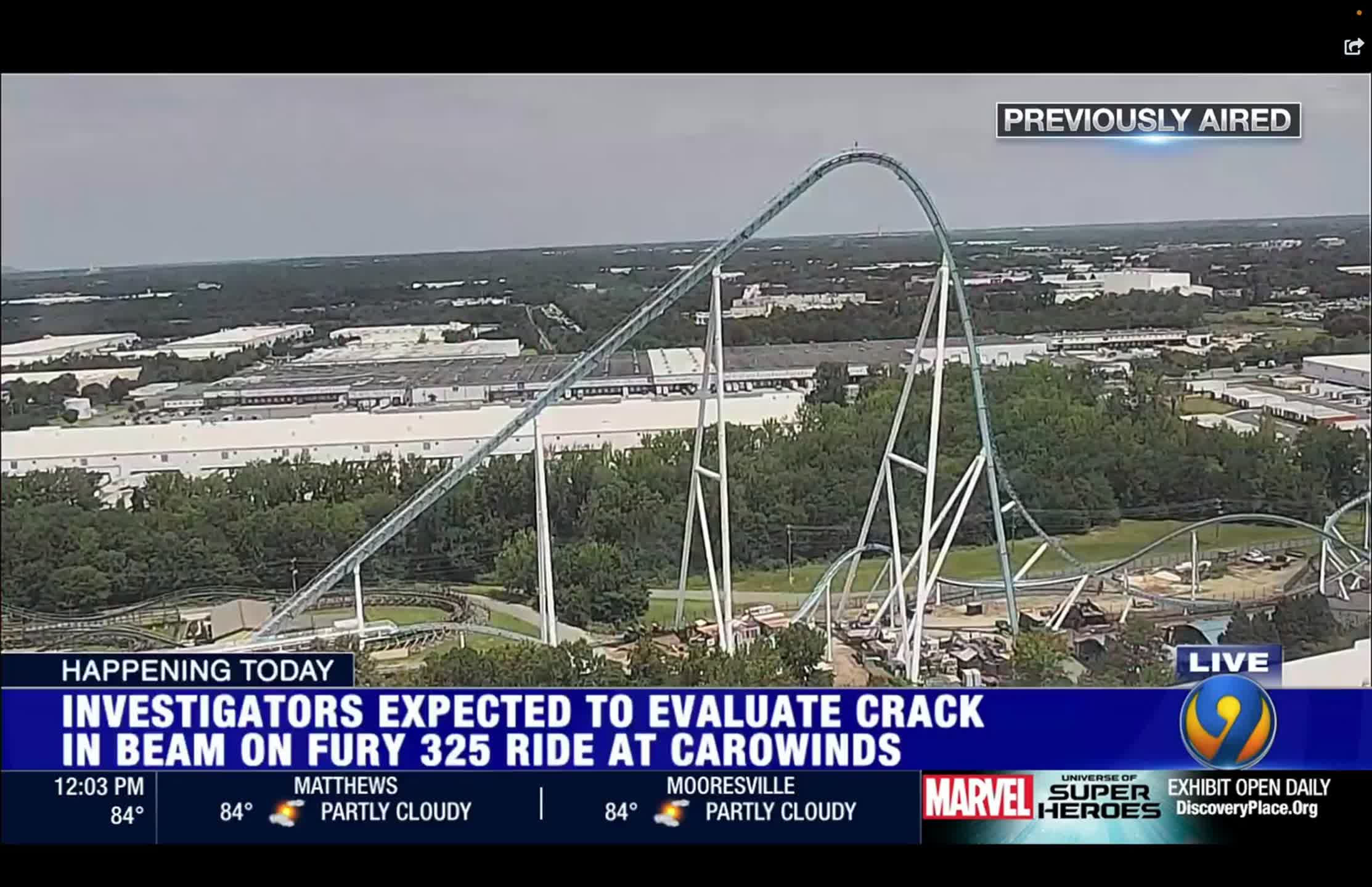 Crack forms in roller coaster support pillar at Carowinds in North ...